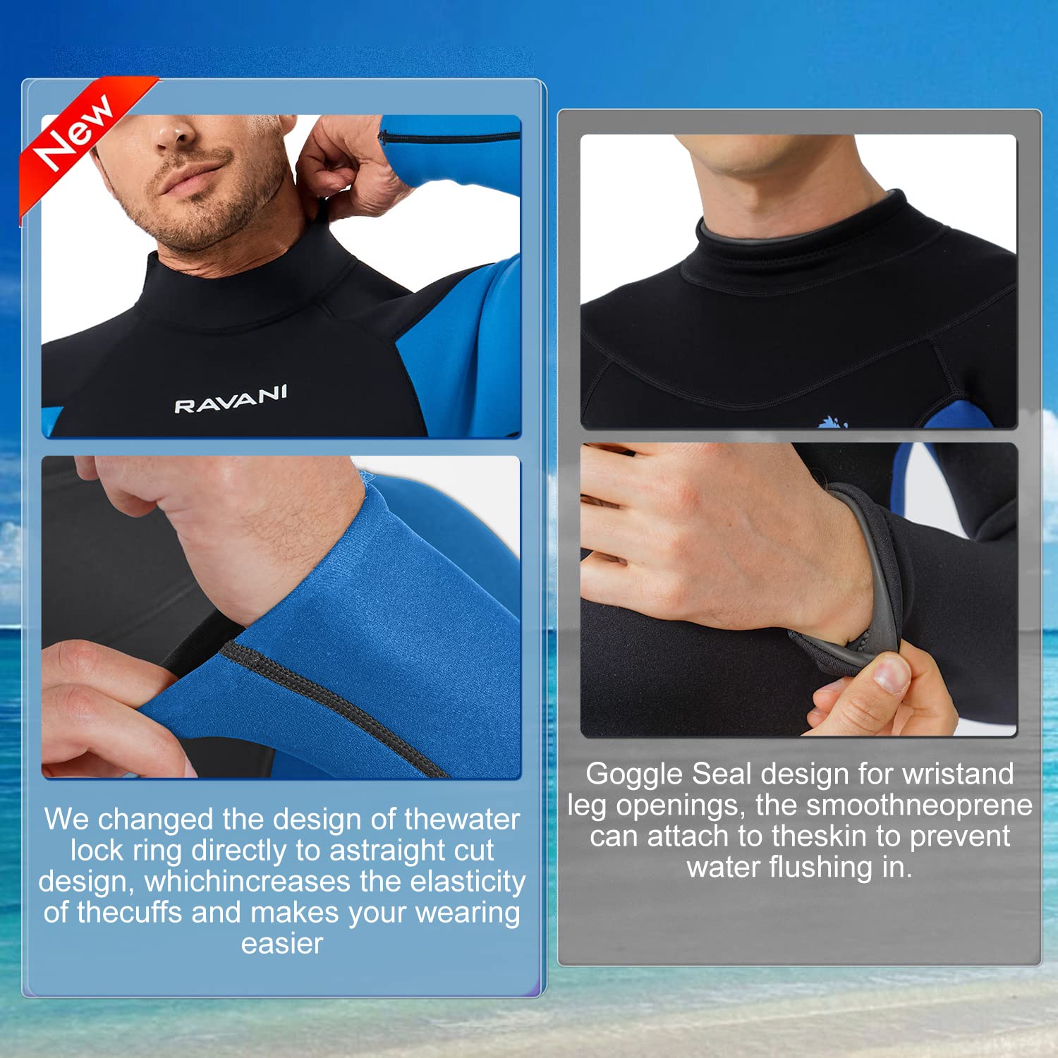 RAVANI Wetsuits for men,3mm wet suits for men in cold water in blue and black,mens wetsuit for diving, surfing, snorkeling and kayaking, Neoprene for keep warm