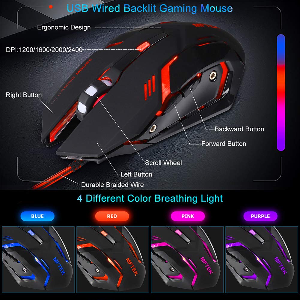 MFTEK RGB Rainbow Backlit Gaming Keyboard and Mouse Combo, LED PC Gaming Headset with Microphone, Large Mouse Pad, Small Compact 87 Keys USB Wired Mechanical Feeling Keyboard for Computer Gamer Office