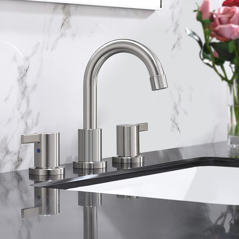 Phiestina 2 Handle 3 Hole 8 Inch Widespread Bathroom Faucet with Metal Pop-Up Drain, Brushed Nickel, WF015-1-BN
