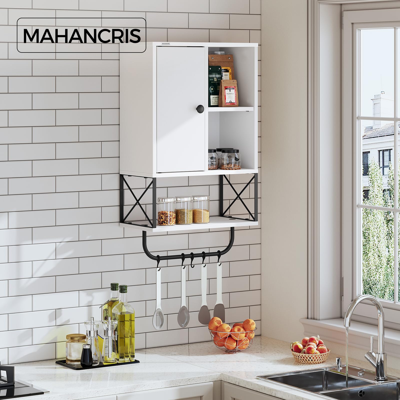 MAHANCRIS Bathroom Wall Cabinet, Medicine Cabinet with Single Door and Adjustable Shelf, Wall Mounted Over The Toilet Space Saver Storage Cabinet with Open Shelf, Bathroom Organizer, White