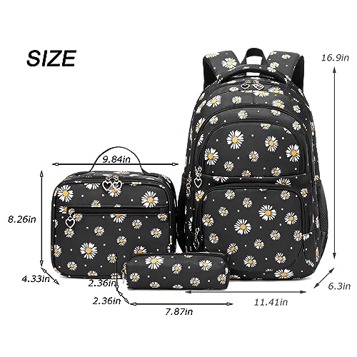 ZHIERNA School Backpack 3PCs Daisy Prints Set With Lunch Bag, Bookbags with Pen Case For Teen Girls Kindergarten Elementary(Black)