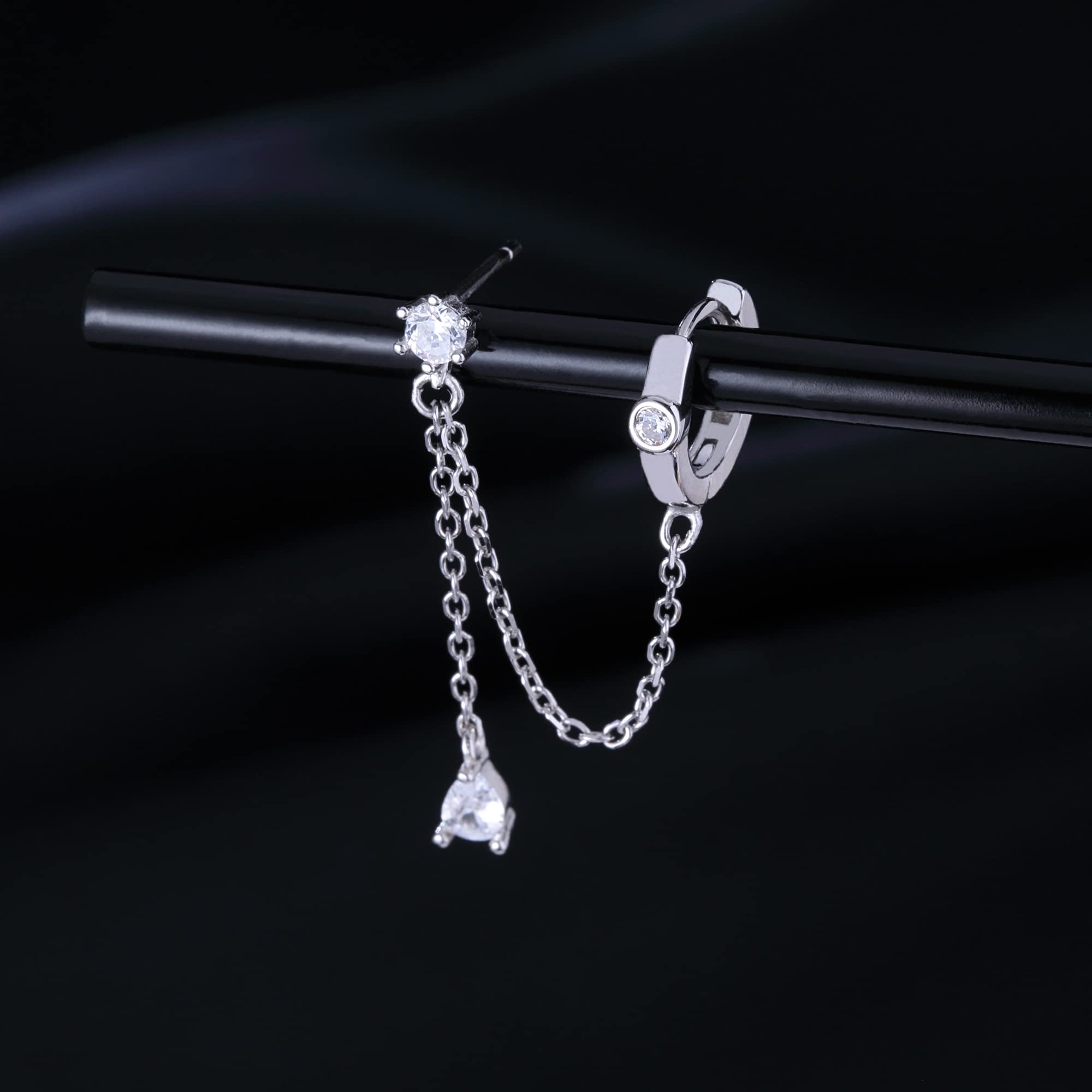 SLUYNZ 925 Sterling Silver Double Piercing Earrings Huggie Cuff Droplet Chain for Women Teens Double Holes Dangle Earrings Cartilage Helix Piercing Earrings Chain (A-Silver)