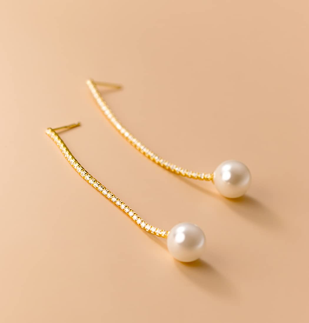 SLUYNZ 925 Sterling Silver Pearl Dangle Earrings Chain for Women Long CZ Dangling Earrings Pearl Drop (B-Gold Plated)