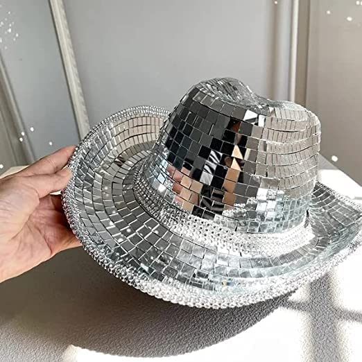 uevzyal Disco Ball Cowboy Hat Silver Sparkly Mirror for Women Men Cowgirl Cap