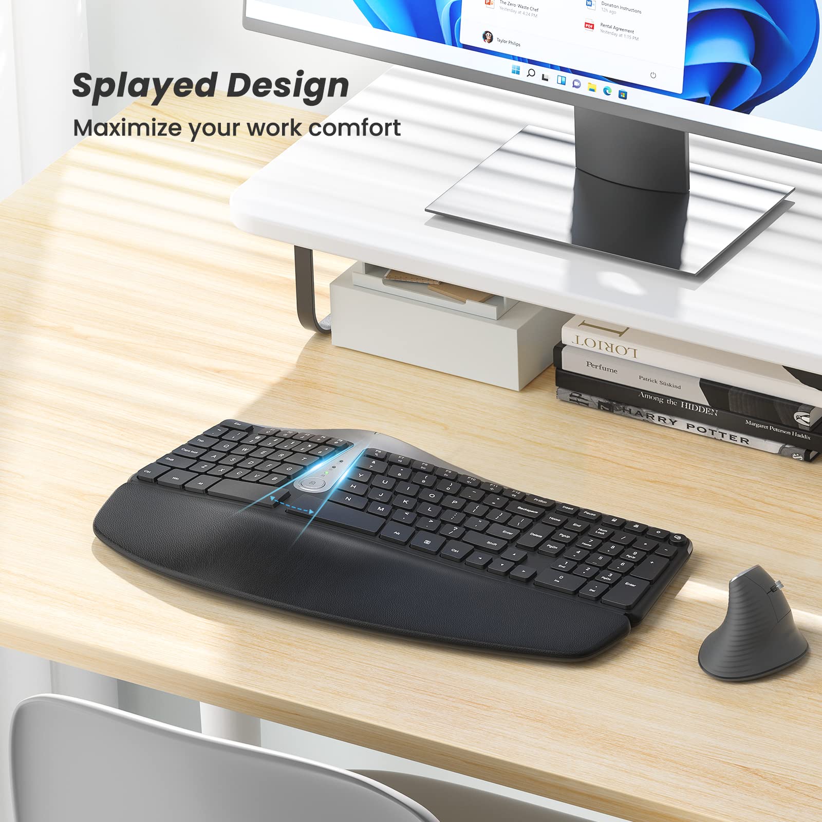 Nulea RT04 Wireless Ergonomic Keyboard, 2.4G Split Keyboard with Cushioned Wrist and Palm Support, Arched Keyboard Design for Natural Typing, Compatible with Windows/Mac