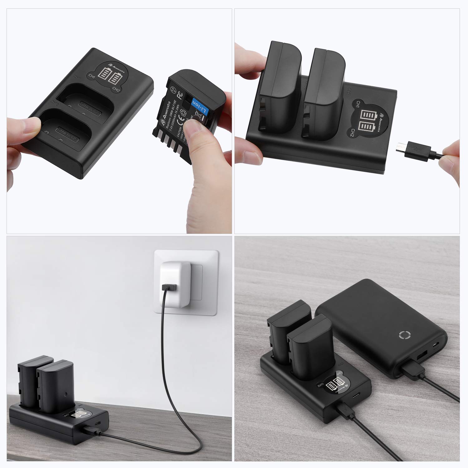 Powerextra 2 Pack DMW-BLF19, DMW-BLF19E, DMW-BLF19PP Replacement Batteries and Dual USB Charger for Panasonic Lumix DC-G9, DC-GH5, DMC-GH3, DMC-GH3K, DMC-GH4, DMC-GH4K Digital Camera