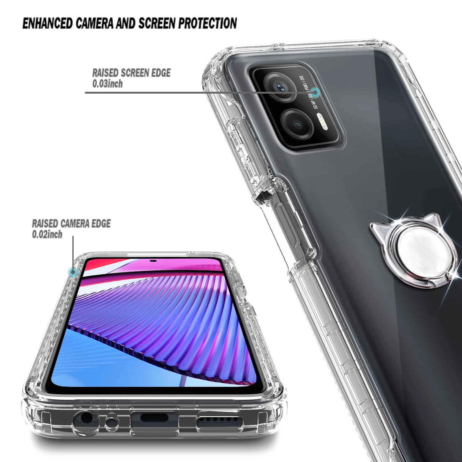 NGB Supremacy Case for Motorola Moto G 5G (2023)/Power 5G (2023), Full Body Protection with [Built-in Screen Protector] Ring Holder/Wrist Strap, Shockproof Bumper Cover (Clear)