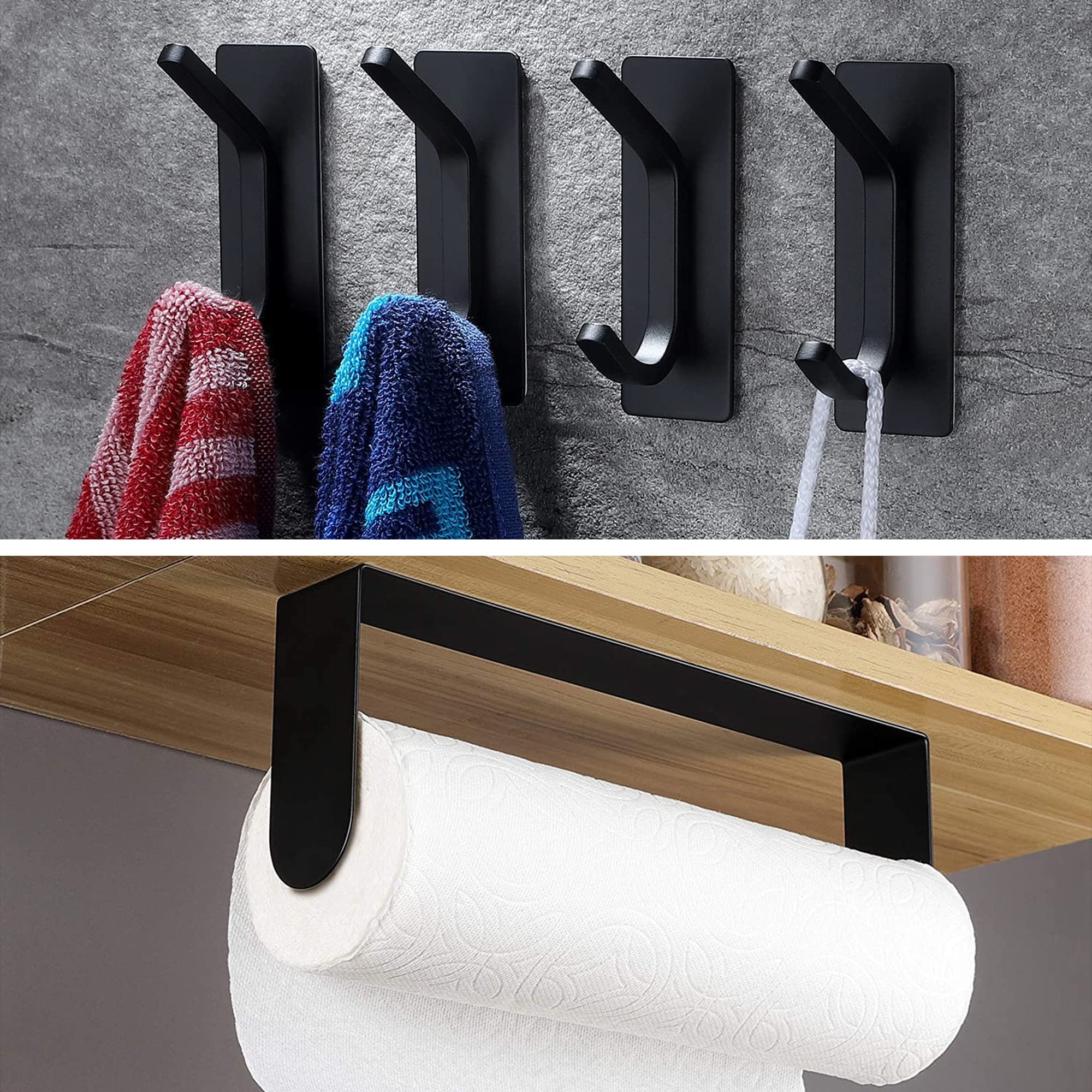 Under Cabinet Paper Towel Holder + Black Wall Hooks Adhesive Hooks