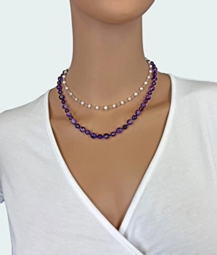 MGR MY GEMS ROCK! Beaded Semi Precious Stone Genuine Amethyst Collar or Choker Necklace for Women, 14.50" Long with 3" Extender.