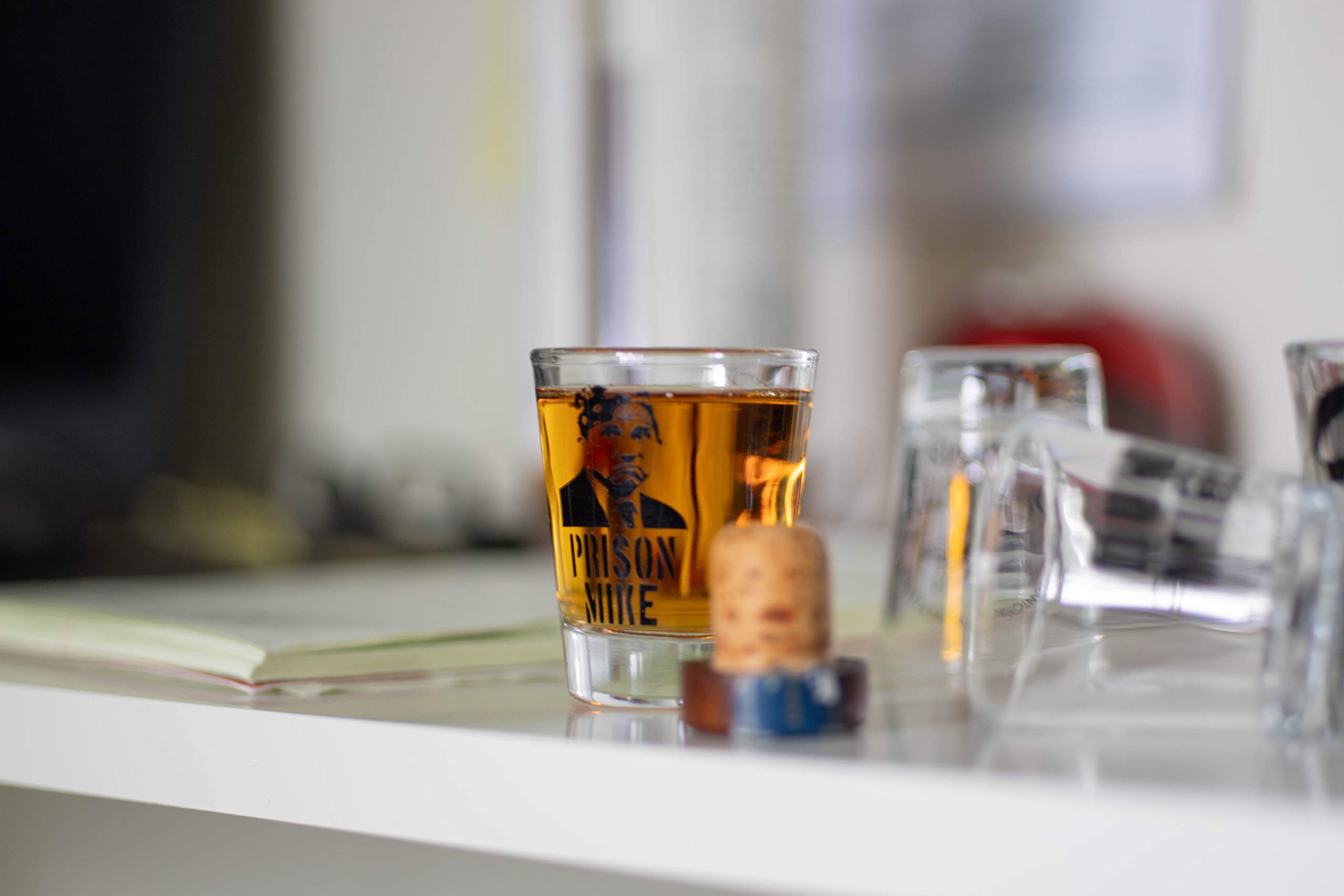 The Office 4 Piece Shot Glass Set (Dunder Mifflin, Prison Mike, Schrute Farms, and Bears, Beets, Battlestar Galactica))