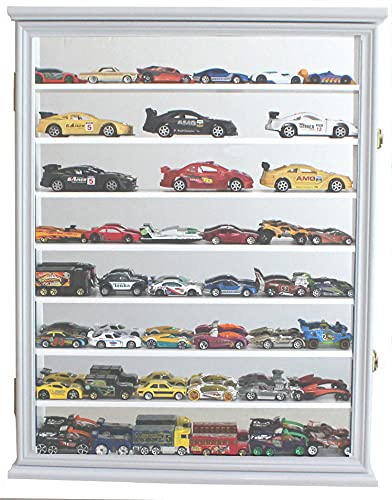 Shot Glass Display Case Solid Wood Wall Shot Glass Cabinet Rack Holder Lockable with UV Protection Acrylic Glass Door Shot Glass Collection Display Cabinet Mirror Back (White Finish)