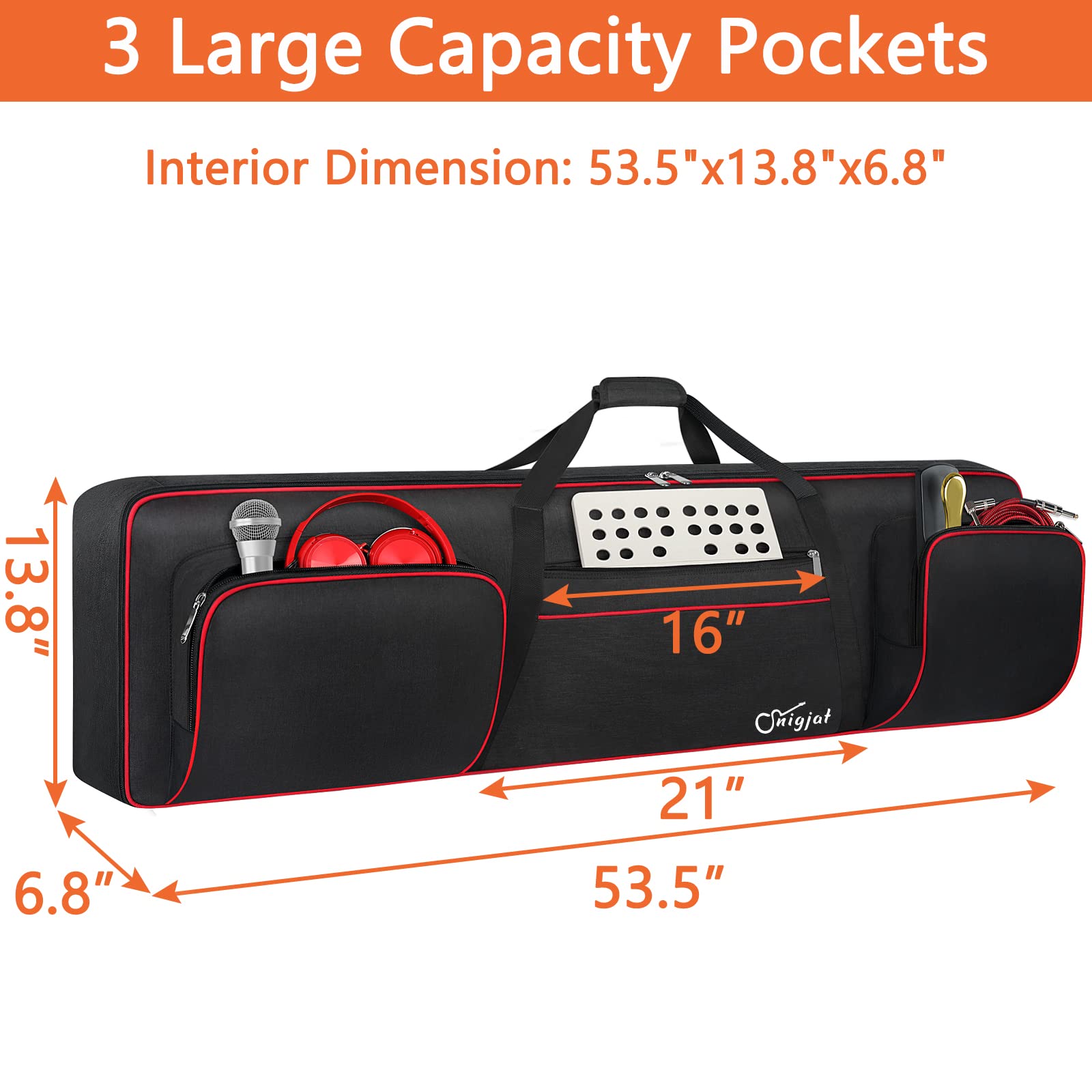 SNIGJAT 88 Key Keyboard Case Soft (Size: 53.5"x13.8"x6.8"), Padded Piano Case with Handle and Adjustable Shoulder Straps, Keyboard Gig Bag with 3 Pockets for Music Sheet Stand, Sustain Pedals, Cables