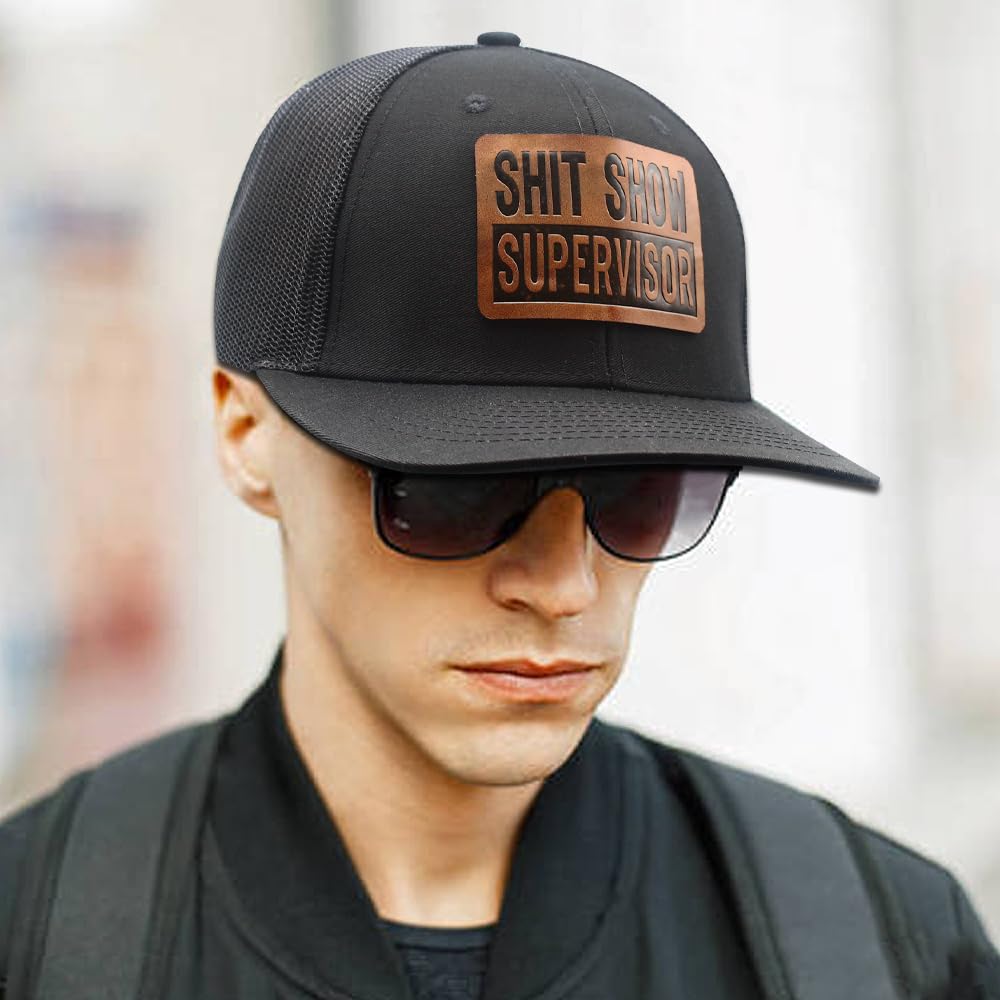 Shit Show Supervisor Leather Patch Hat Baseball Cap Trucker Hats Stylish Unisex Hats for Women Men (US, Alpha, One Size, Gray Black)