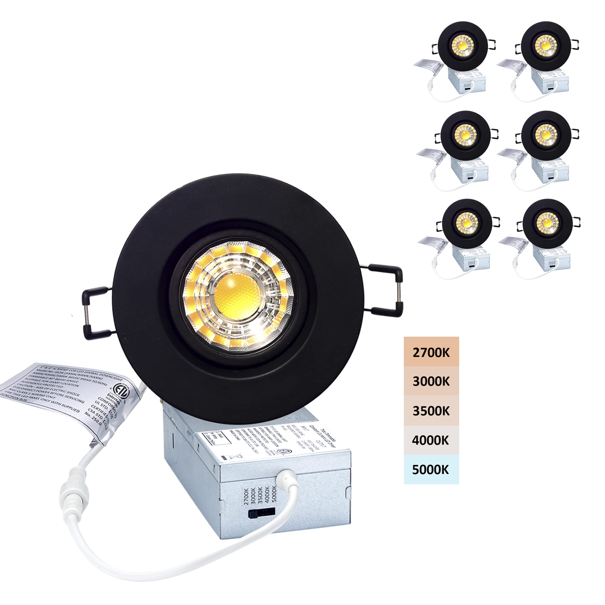 POPANU Canless Recessed Gimbal Downlight Rotatable-Spotlight 5 CCT 3 Inch Eyeball Ceilling Potlight, Dimmable Recessed Lights Fixture with Junction Box, 8W CCT Adjustable, Black Round Trim, 6 Pack