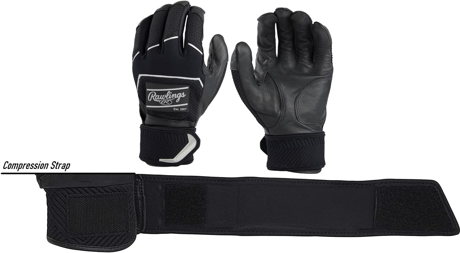 Rawlings | WORKHORSE Baseball Batting Gloves | Compression Strap | Adult Large | Black