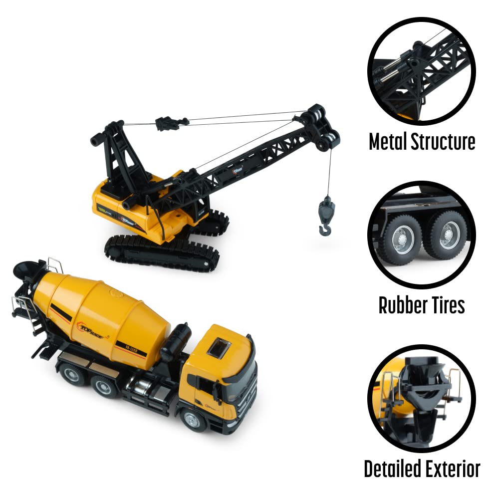Top Race Metal Diecast Tower Crane & 2 Construction Trucks - Metal Construction Vehicles Model Toy for Kids and Adults