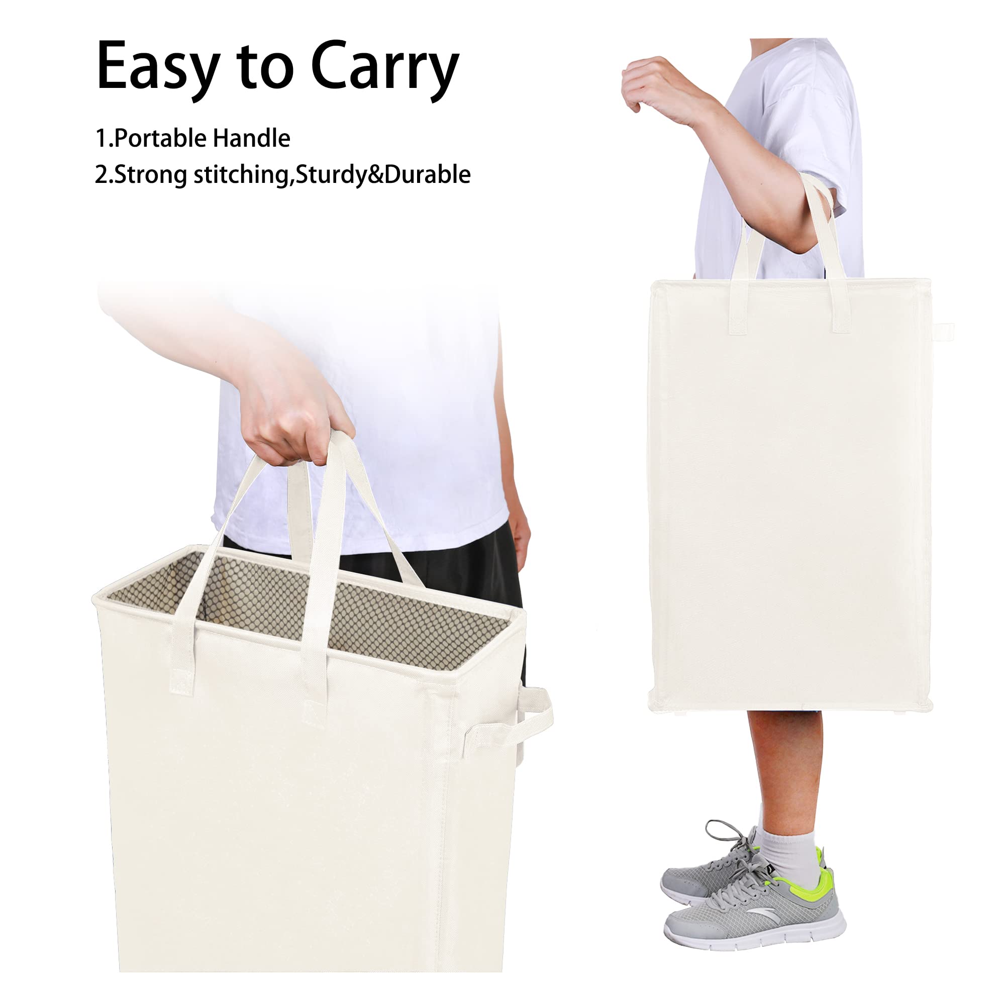 Odonata Slim Laundry Hamper Handles Collapsible Laundry Basket Thin Dirty Clothes Basket Narrow Laundry Bag Foldable Dirty Hamper 45L (Beige)