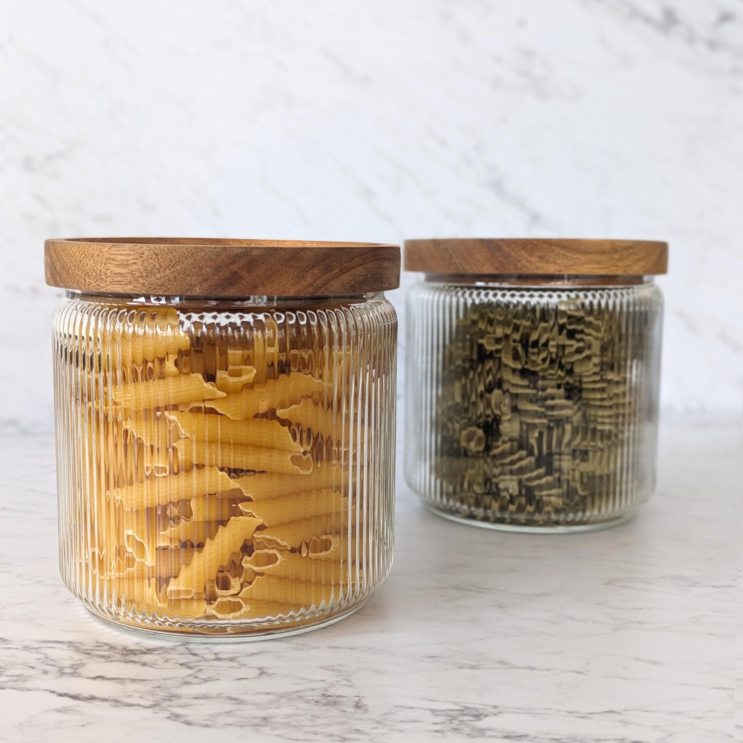 Mason & Fable 12 fl oz, 350ml Glass Food Storage Jars with Wood Lids (6pcs) - Stylish Ribbed Pattern for Kitchen Organization and Storage Containers for Spice, Tea, Coffee/Sugar