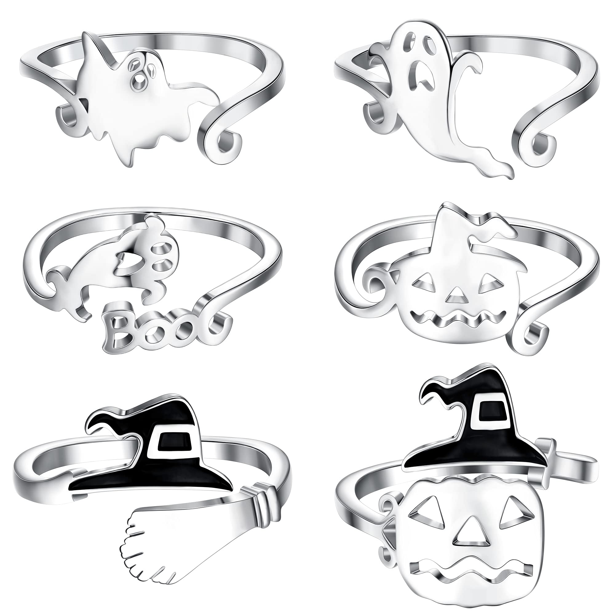 SAILIMUE 6 Pcs Halloween Ring For Women Men Adjustable Pumpkin Witch Hat Broom Ghost Ring Set Halloween Party Jewelry