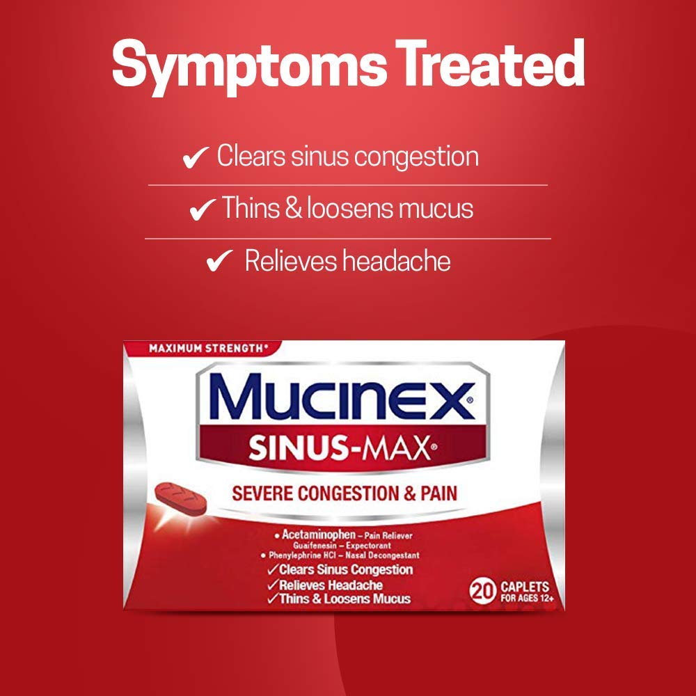 Mucinex Sinus-Max Full Force Nasal Decongestant Spray (0.75 oz) & Sinus-Max Severe Congestion & Pain Caplets (20 Count) Bundle- Maximum Strength Congestion Relief, 1 Ea