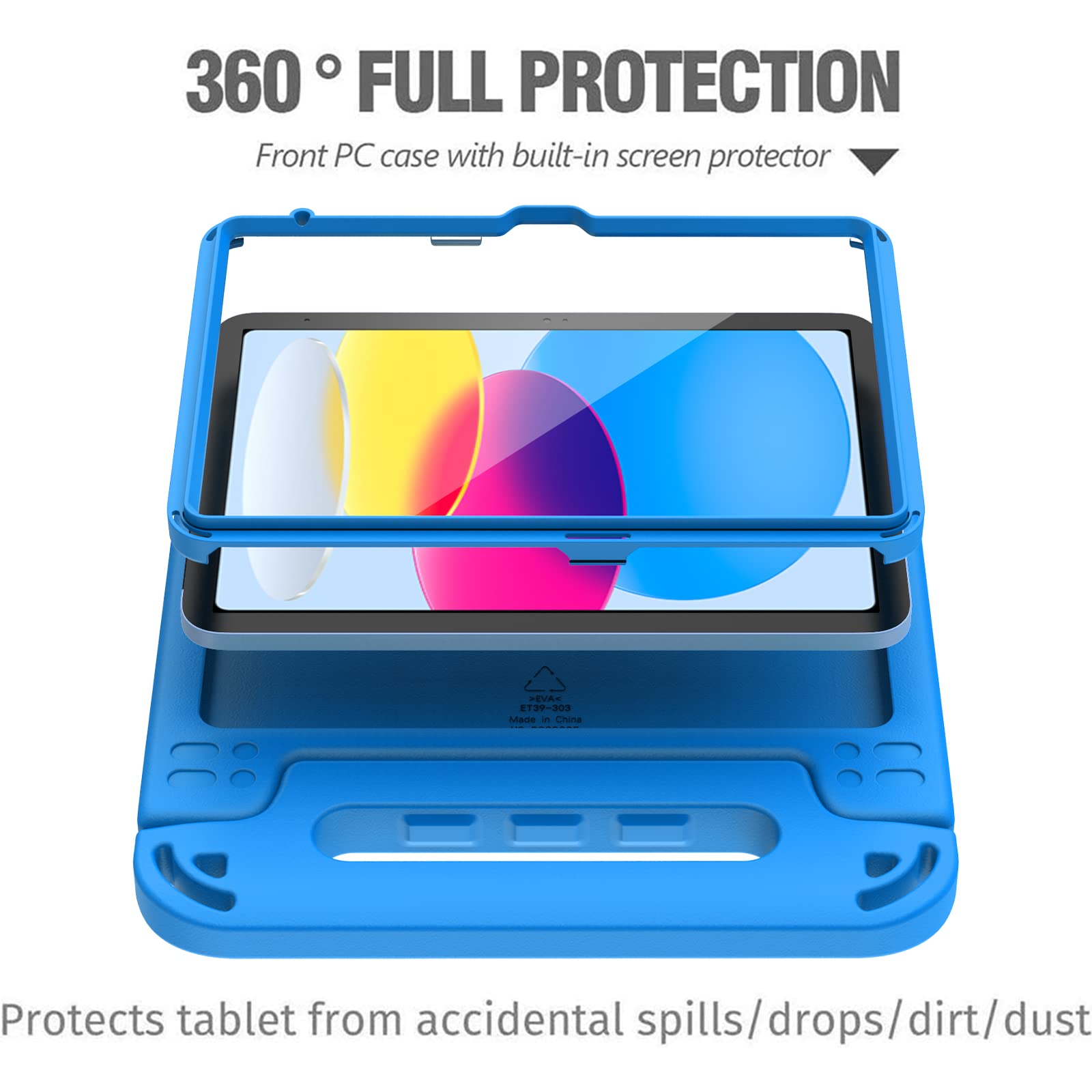 TIRIN Kids Case for New iPad 10th Generation 10.9 inch 2022 - with Built-in Screen Protector, Covertible Durable Lightweight Shockproof Handle Stand Kid-Proof 10.9β iPad 10th Gen Case for Kids, Blue