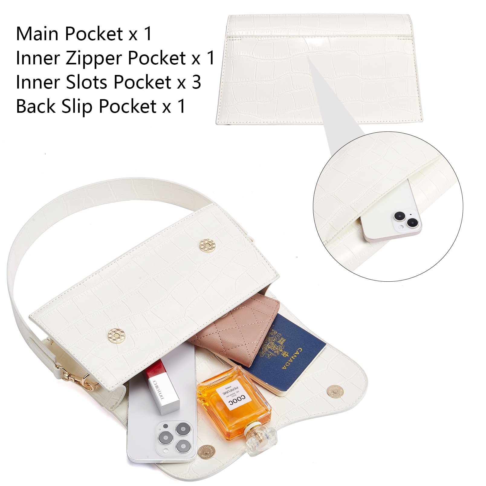 Telena Shoulder Bag for Women, Vegan Leather Women's Shoulder Purses Handbags with 2 Removable Strap Crossbody Bag Purses Crocodile Pattern White