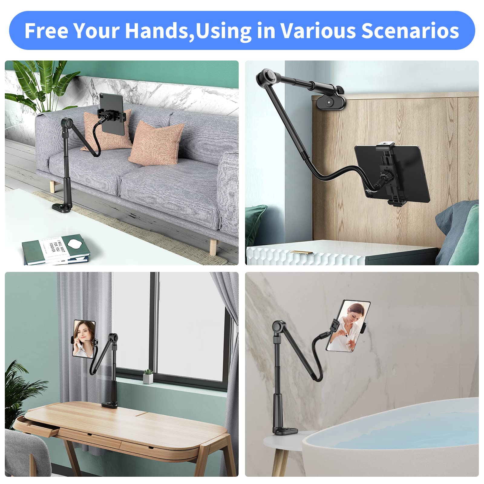 UHIKY 4.6"-11" Phone & Tablet Bed Holder with Wireless Remote,gooseneck Cellphone Stand,Flexible Overhead Mount clamp Clip for Desk Bedside headboard, Recording Filming, for iPhone/iPad/Tablet/Kindle