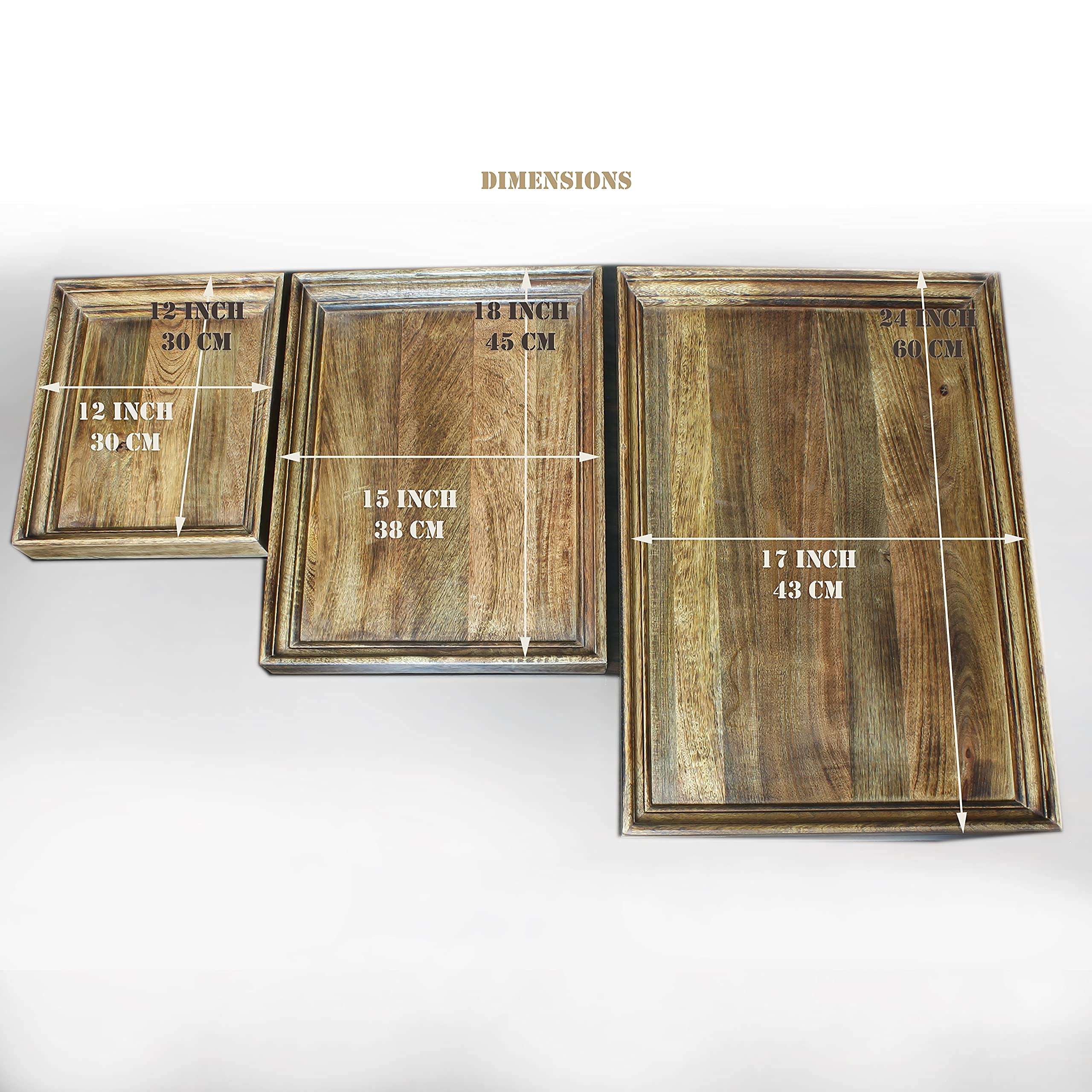SAVON Extra Large Serving Tray Wooden Tea Coffee Breakfast 24 x 17 inches Set of 3 (Natural Wood)