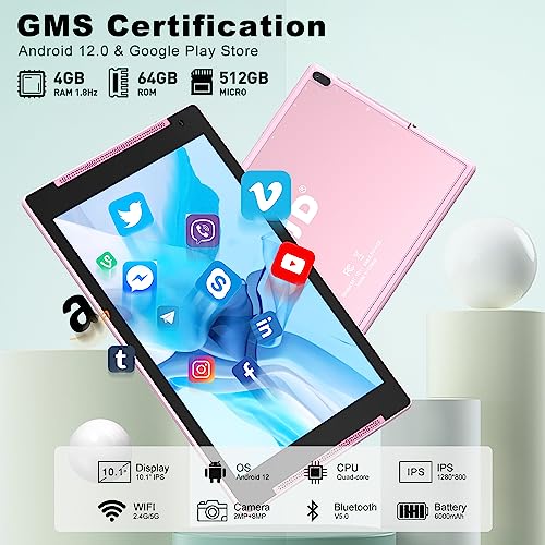 TJD Android 12 Tablets,10.1 inch Tablet PC, 4GB RAM 64GB ROM 512GB MicroSD, FHD IPS Display, Dual Camera, Double Stereo Speakers, Wi-Fi5.0/2.4, Bluetooth5.0, (Pink)