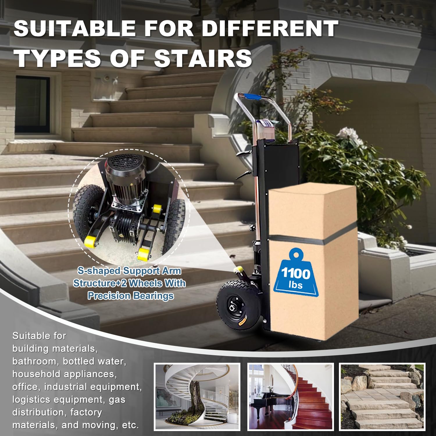 Shuyeon Powered Stair Climber Hand Trucks Easy Up/Down, 10" Solid Wheel Grocery Cart Takes 6000 Steps Stairs Hand Trucks Heavy Duty, for Family Moving Warehouse Logistics Distribution 24Ah