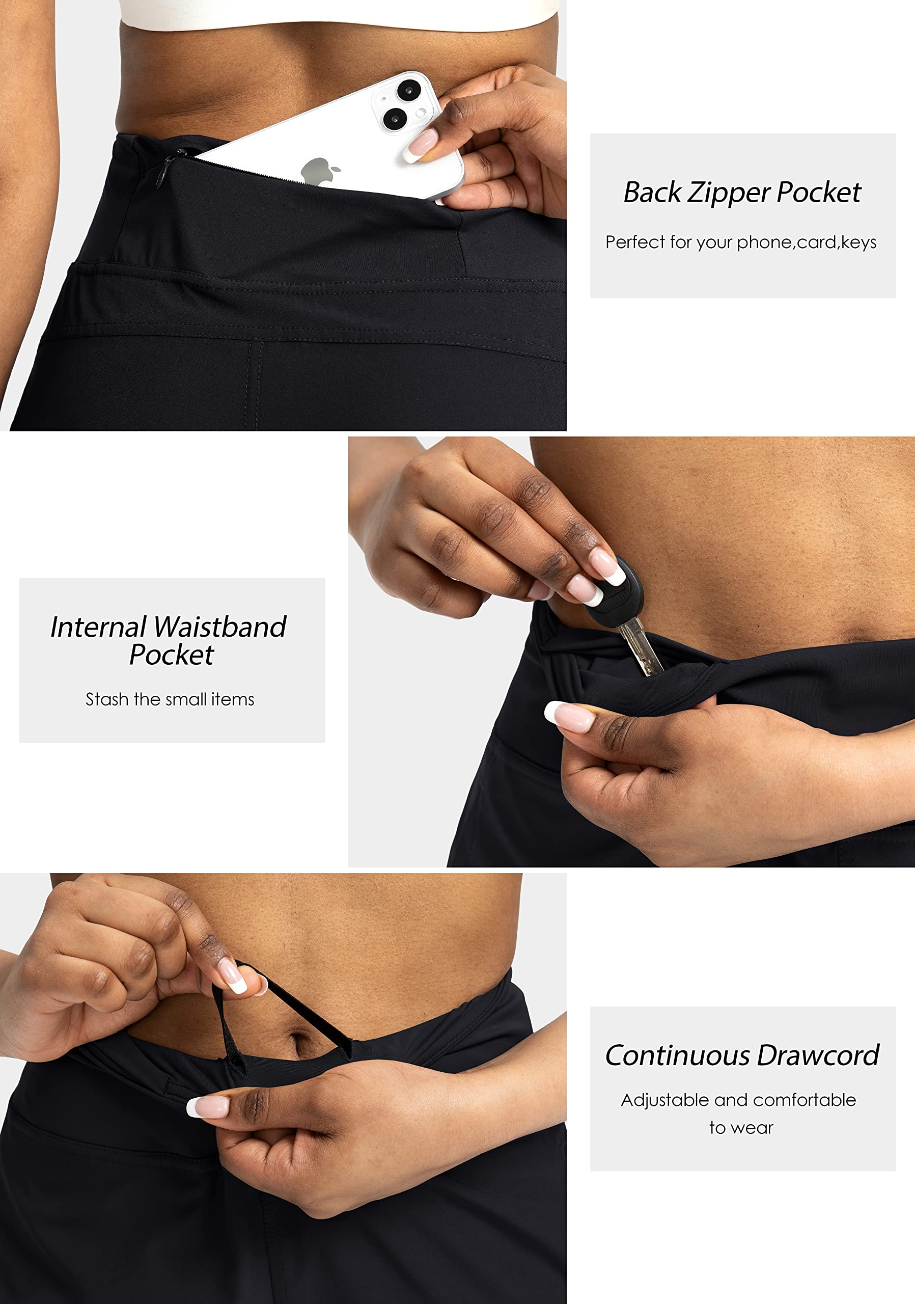 Soothfeel Women's Running Shorts with Zipper Pockets 7 Inch Long High Waisted Athletic Workout Gym Summer Shorts for Women (Black, Medium