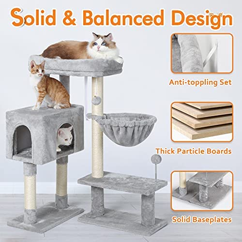 rabbitgoo Cat Tree Cat Tower with Adjustable Base, Small Cat Tree for Indoor Cats, Multi-Level Cat Condo with Scratching Posts & Large Perch, Cat Climber Stand for Small Kittens, 38" Tall (Grey)