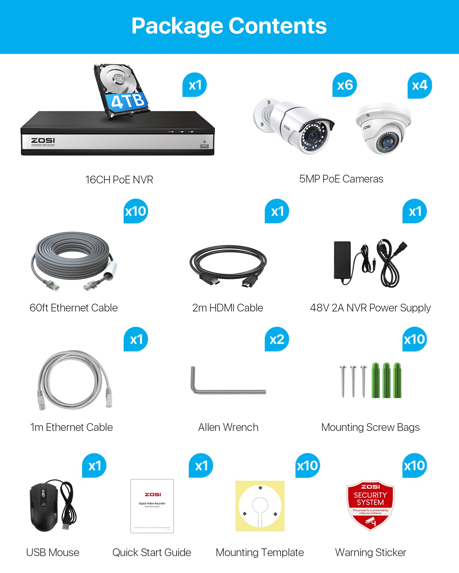 ZOSI 4K 16CH PoE Security Camera System with Hard Drive 4TB and 10pcs 5MP Outdoor Indoor PoE IP Surveillance Cameras,H.265+ 16 Channel 8MP CCTV NVR,120ft Night Vision,Remote Access,24/7 Recording