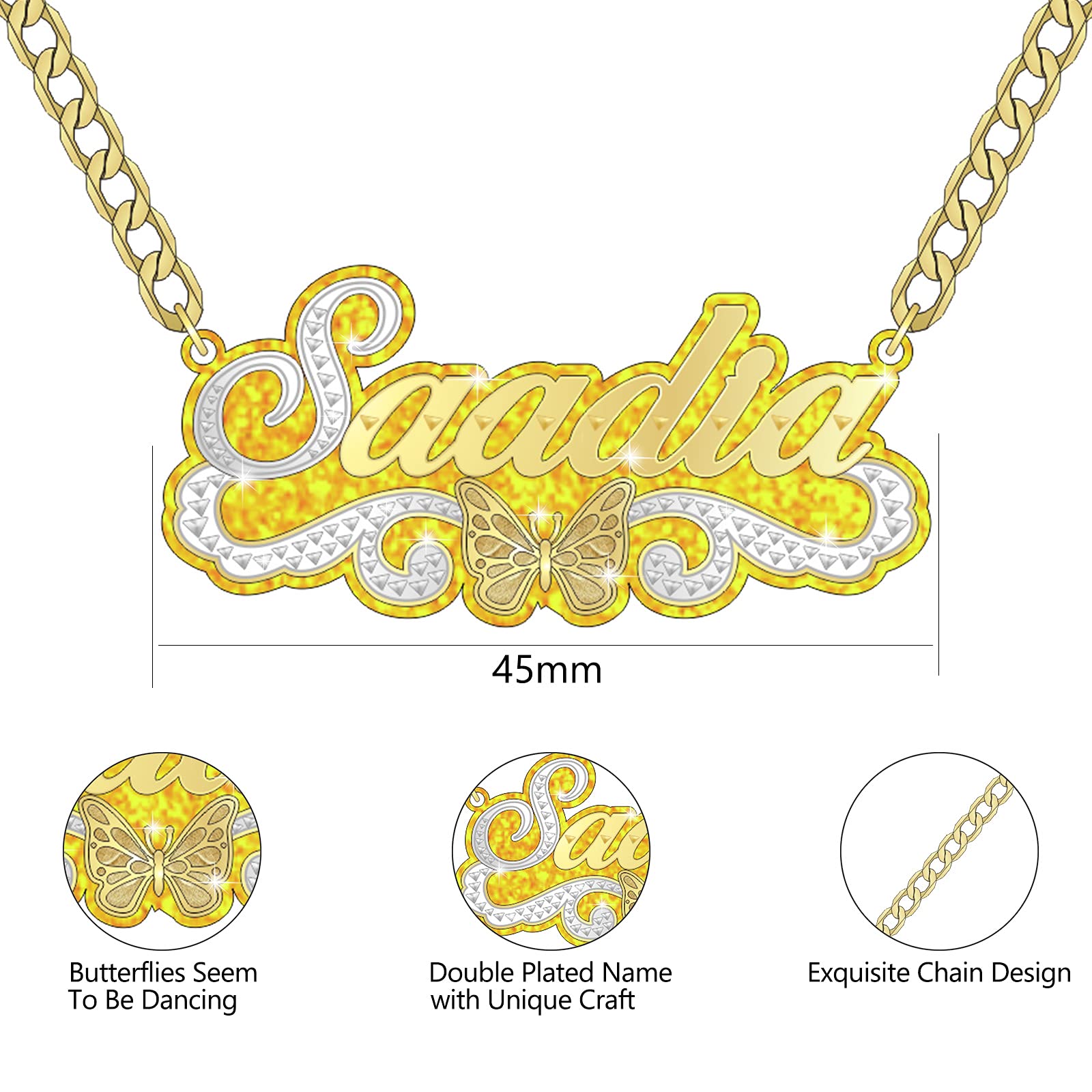 Personalized Butterfly Nameplate Necklace 18k Double Plate Custom with Any Name Letter Yellow Acrylic Board Dazzling and Stunning Gold Name Jewelry for Women Gift