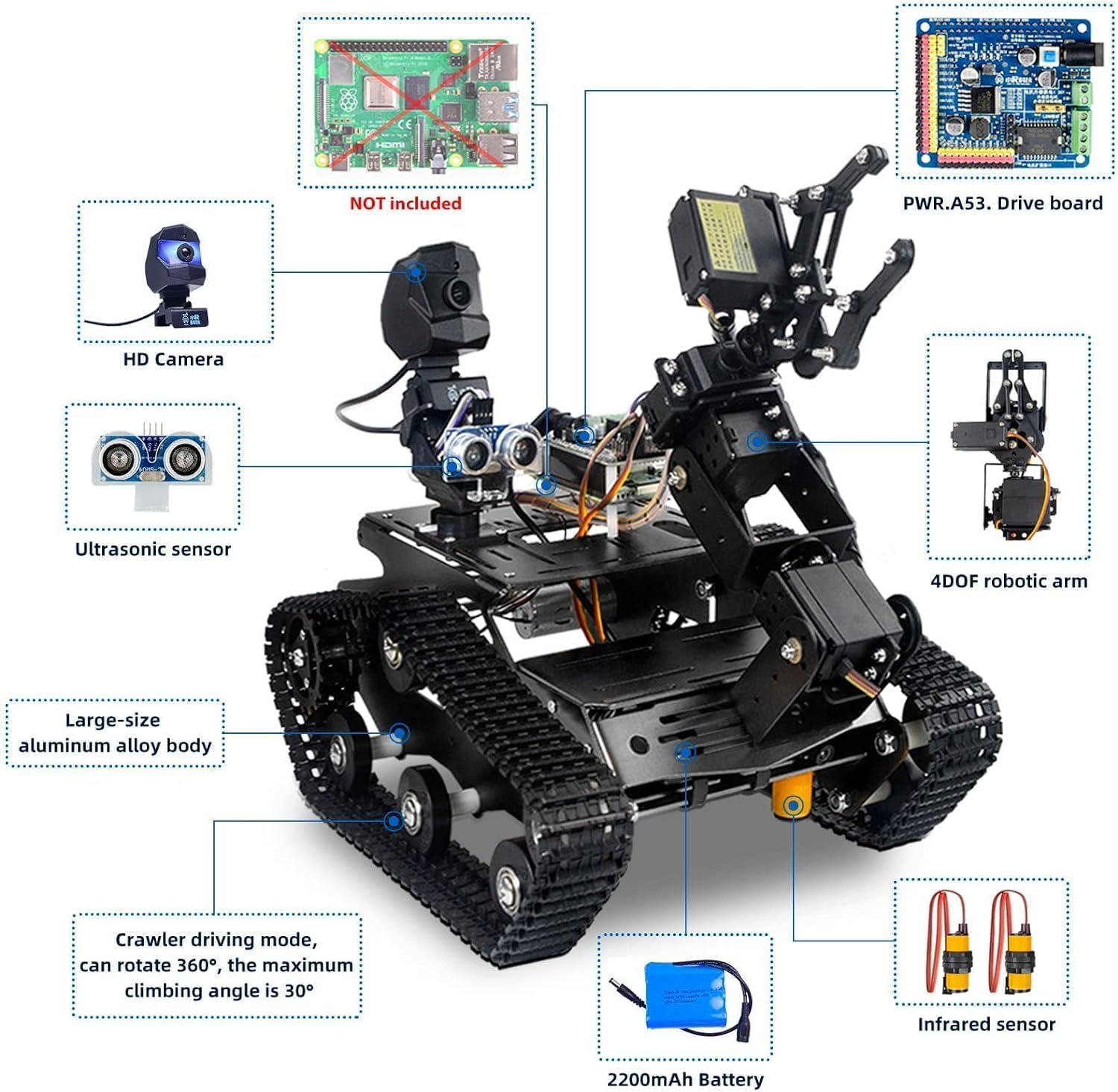 XiaoR Geek Raspberry Pi Smart WiFi Robot Kit, Robotic Arm Tank Chassis Robot Car Kit with 2DOF Hd Camera Programmable Sensor Project Remote Control by Android/iOS App PC (Without Raspberry Pi)