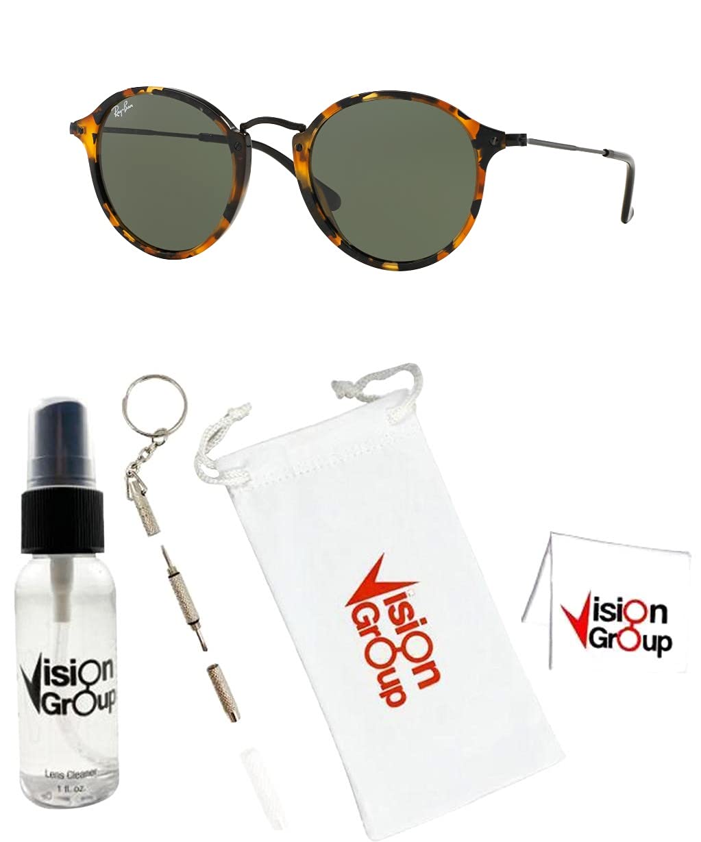 Ray-Ban RB2447 Round Sunglasses + Vision Group Accessories Bundle (Spotted Black Havana/Crystalgreen (1157), 49, Millimeters)