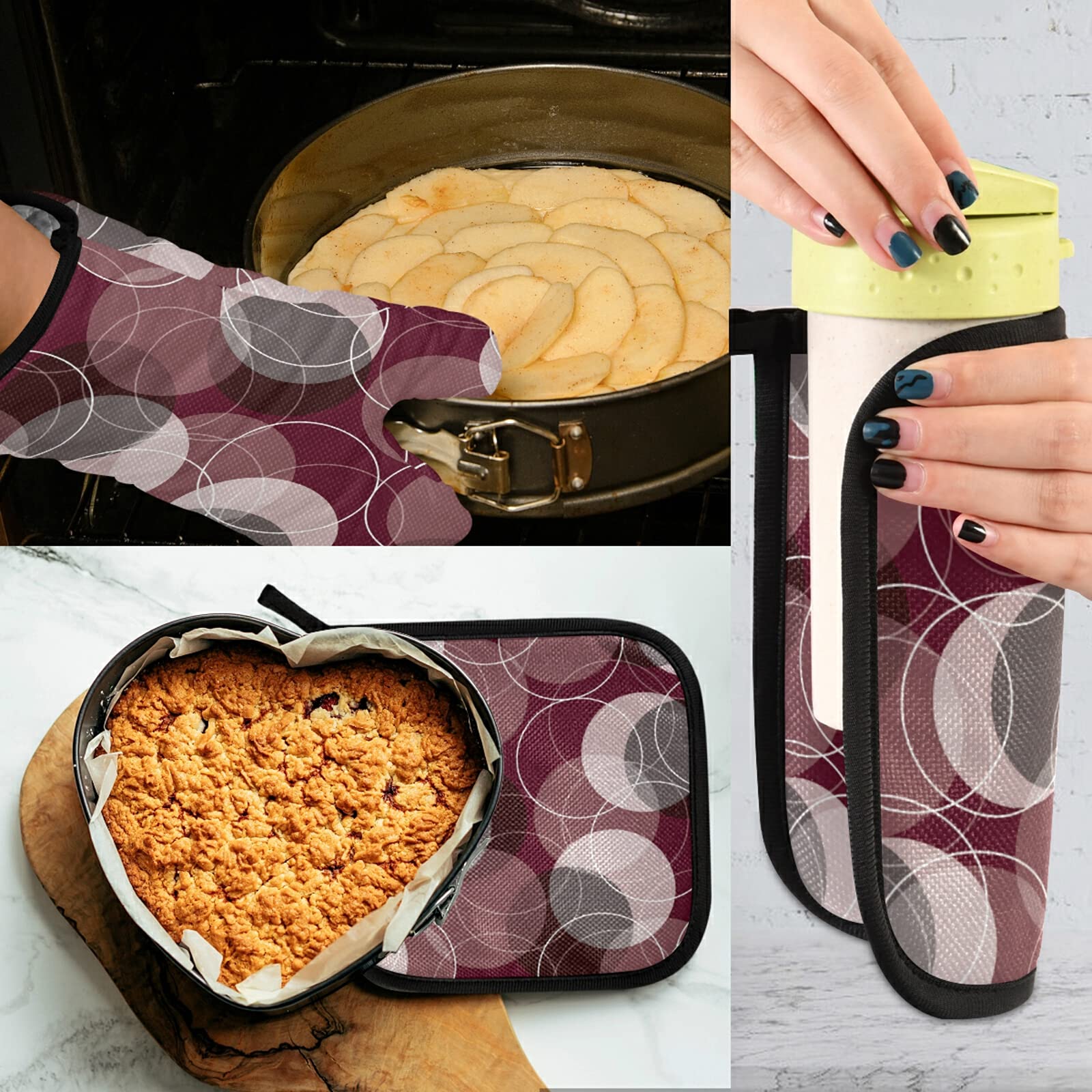 Poeticcity Retro Rings Maroon Grey Fuchsia Circles Oven Mitts Pot Holders Sets, Potholder Hot Pads Heat Resistant Kitchen Oven Gloves for Cooking Baking Grilling Barbecue