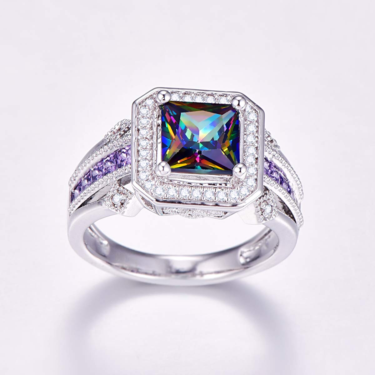 Momius 925 Silver Created-Rainbow Topaz Princess Cut CZ Halo Triple Row Wedding Band Engagement Ring for Women Size 6¡