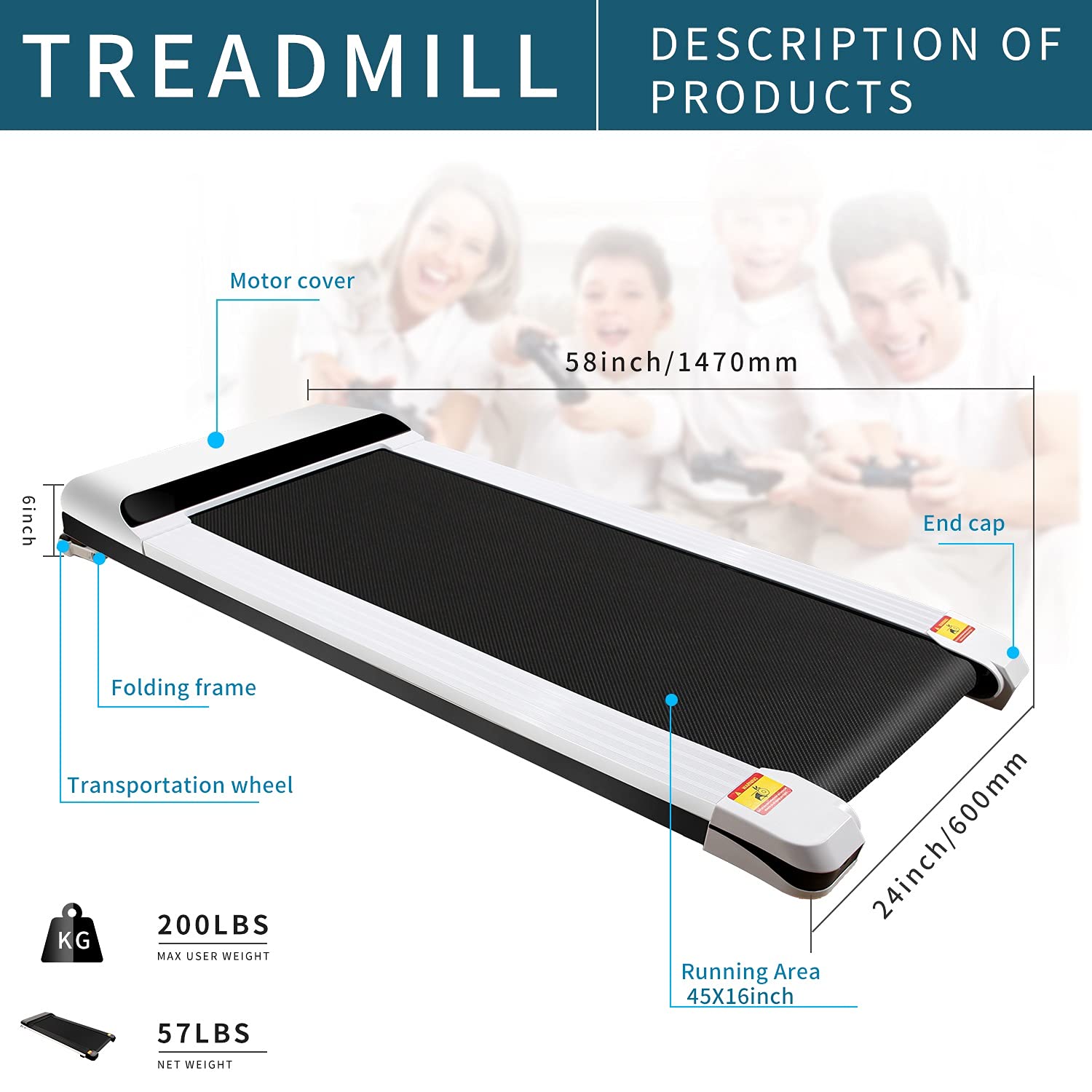 Portable Treadmill Under Desk Walking Pad Flat Slim Treadmill with LDE Display & Sport APP, Running Machine for Apartment and Small Space Without Assembling (Color : White)