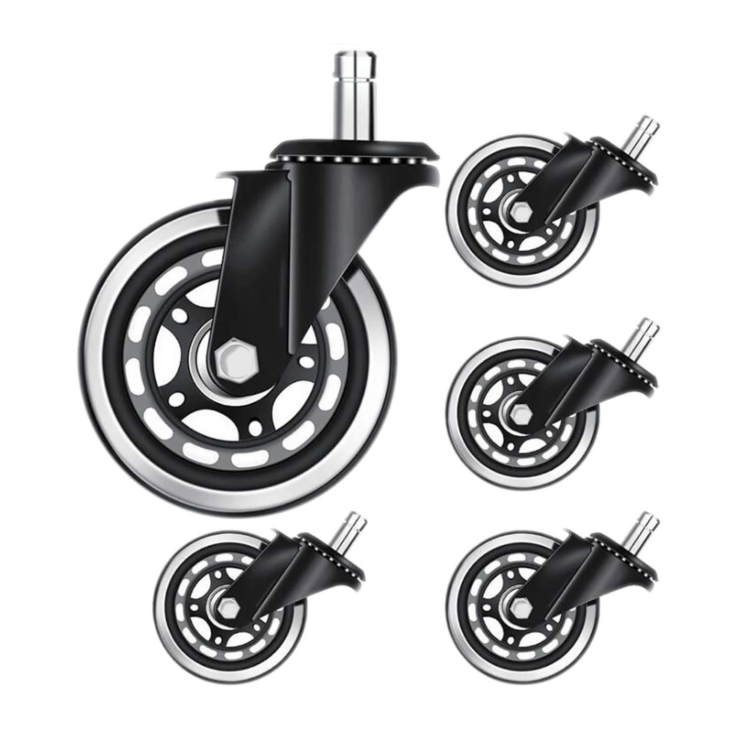 Office Chair Caster Wheels 3" - Heavy Duty Soft PU Rubber Safe for Hardwood Carpet Tile Floors (Set of 5) Generally Applicable to Office Wheels, Replace Chair mats - Universal fit