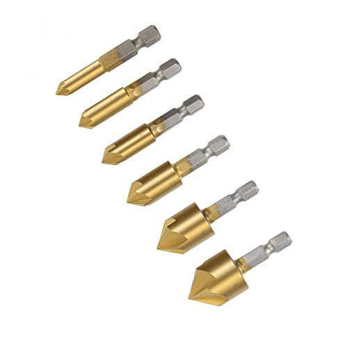 uxcell Countersink Drill Bit Set 6mm 8mm 9mm 12mm 16mm 19mm Dia 1/4” Hex Shank 90 Degree 5 Flute Chamfer Tool for Woodworking Titanium Plating HSS 6pcs