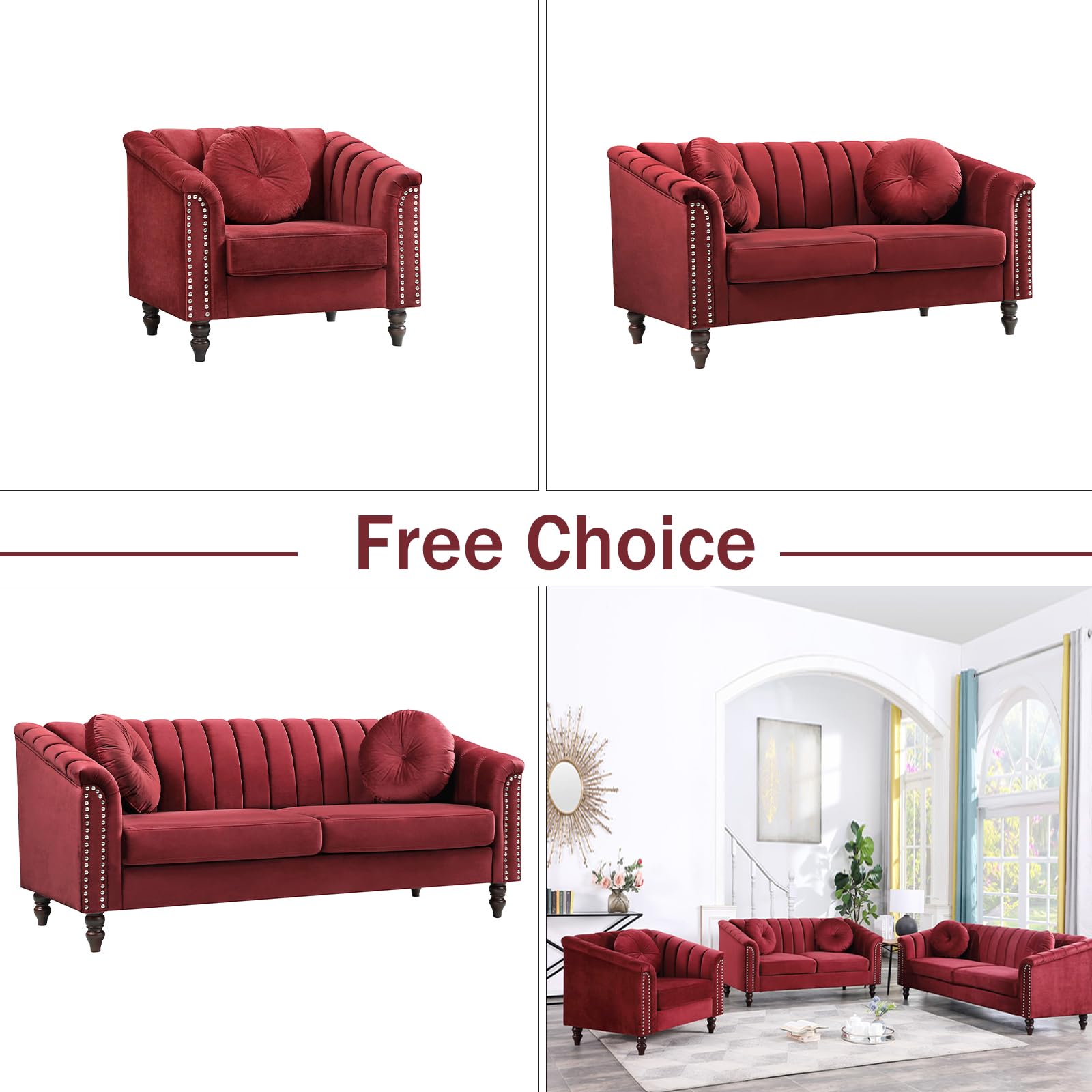 YIPDFERNOR Red Lint 3-Piece Living Room Sofa Set, Contemporary Sofa Couch Set, for Living Room Furniture Sets、Offices、Apartments(Chair)