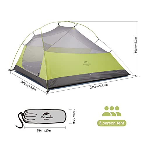 Naturehike Cloud Up Double Layer 3 Person Tent Lightweight Camping Hiking Backpacking Tent (Light green-20D Nylon)