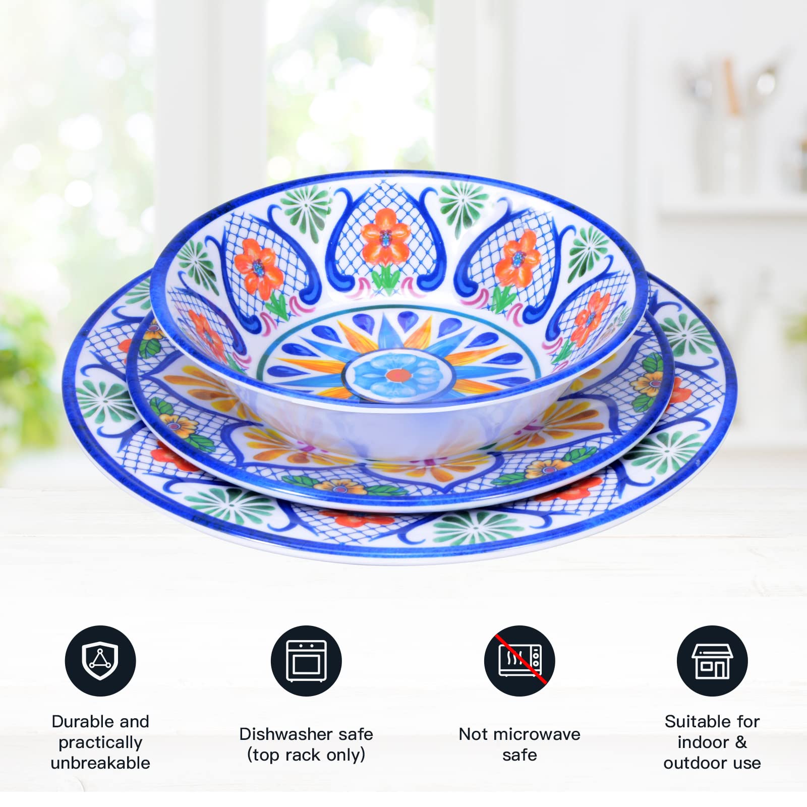 Melamine Dinnerware sets: Bisphenol A-free,Dishwasher Safe dinnerware sets,Non-breakable melamine plates,Service for 4 (12pcs) plates and bowls sets Ideal for indoors and outdoors Picnic, Camping.