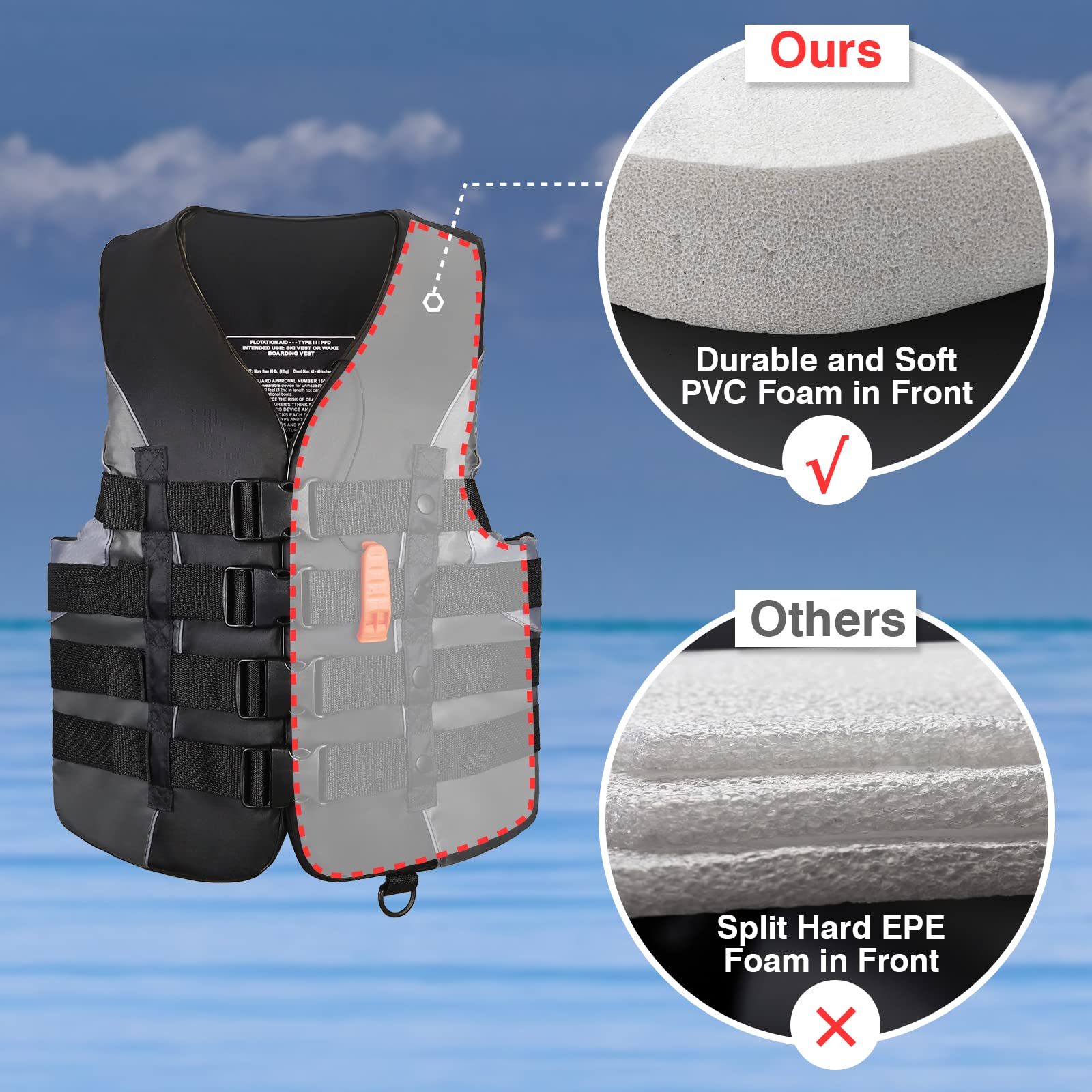 Leader Accessories Adult Universal Personal Flotation Device USCG Approved Life Jacket Vest (Black, L)