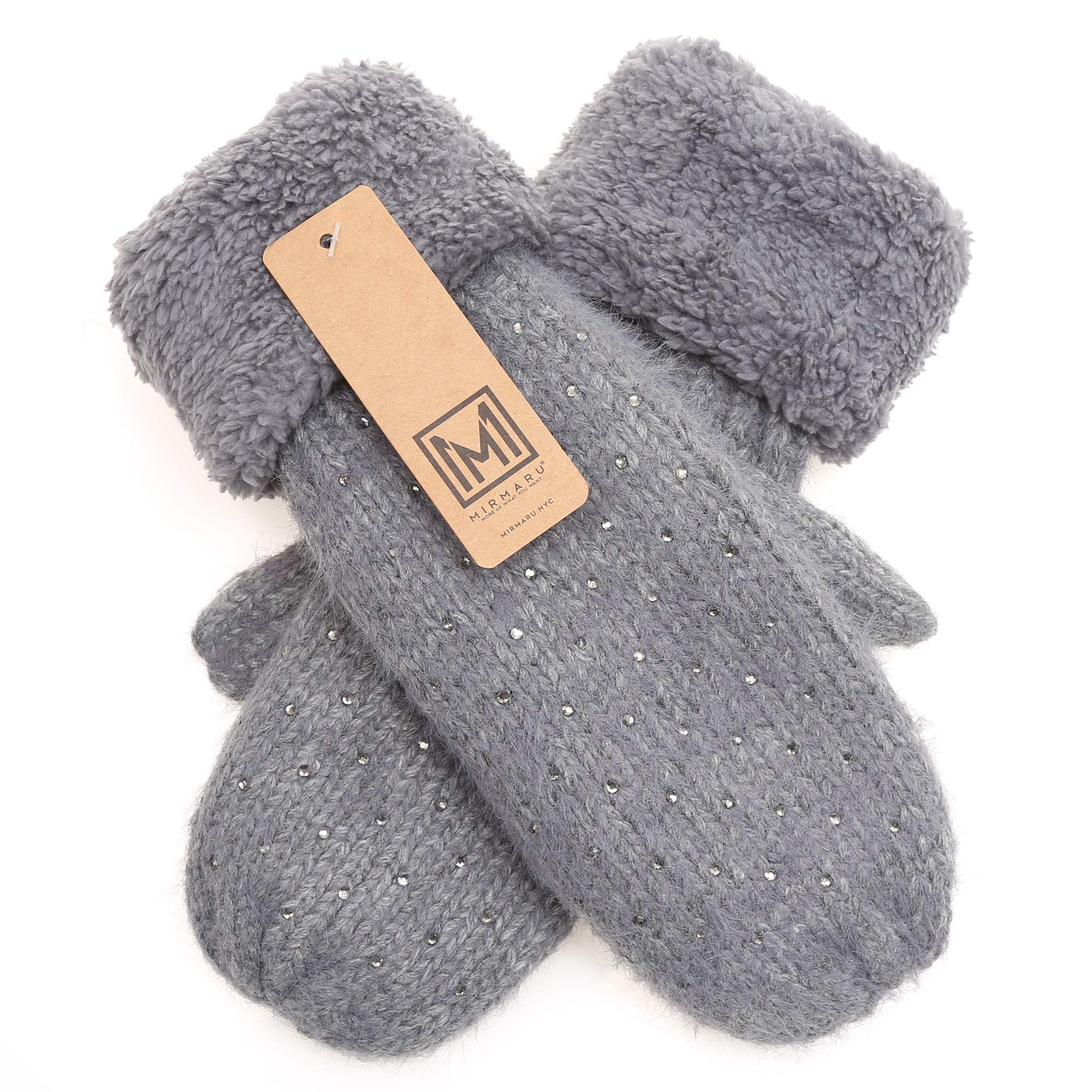 MIRMARU Women’s Winter Warm Gloves Classic Thick Cable Knit Mittens with Soft Plush Lining (Rhinestone, Grey)