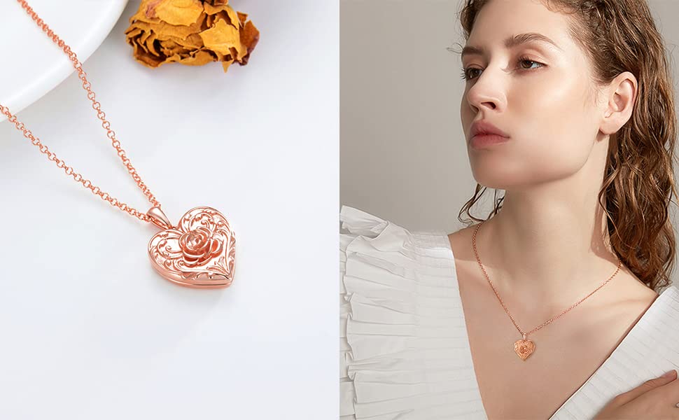 SOULMEET Rose Gold Plated Silver Rose Locket Necklace That Holds 2 Picture, I Love You Forever, 20" (Locket only)
