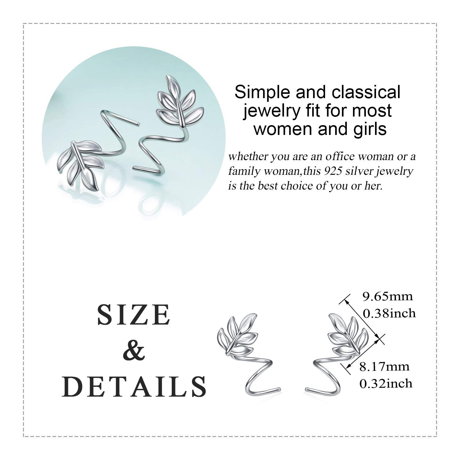 Leaf Crawler Earrings Sterling Silver Leaves Wrap Earrings Leaf Cuff Earrings Stud Ear Climber Ear Gifts for Women Teen Girls
