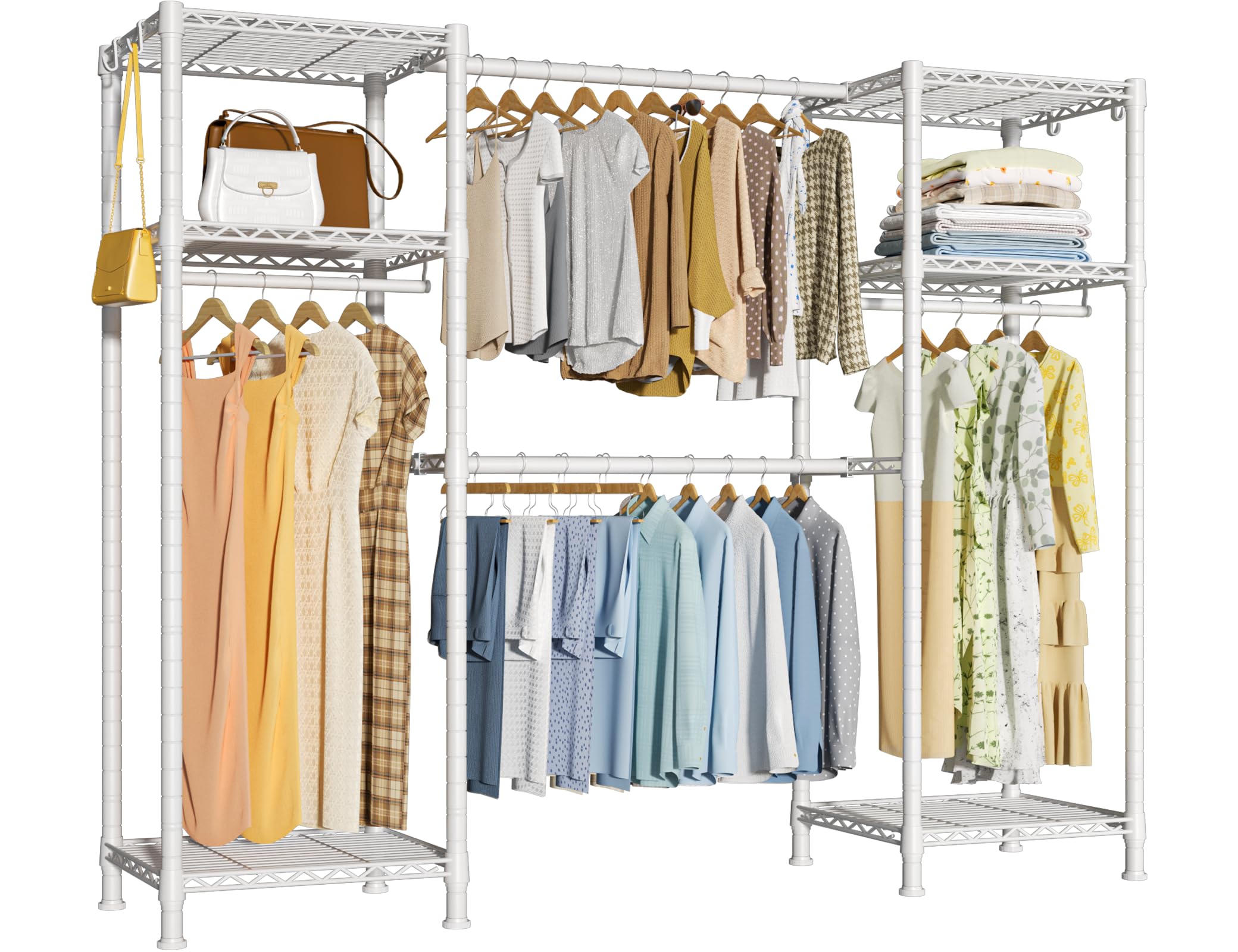 Ulif E7 Heavy Duty Garment Rack, Clothes Organizer and Storage Rack with Expandable Hangers, Metal Clothing Rack with 6 Wire Shelves, (52.3"-72") W x 14.5" D x 71.2" H, Load 740 LBS, White