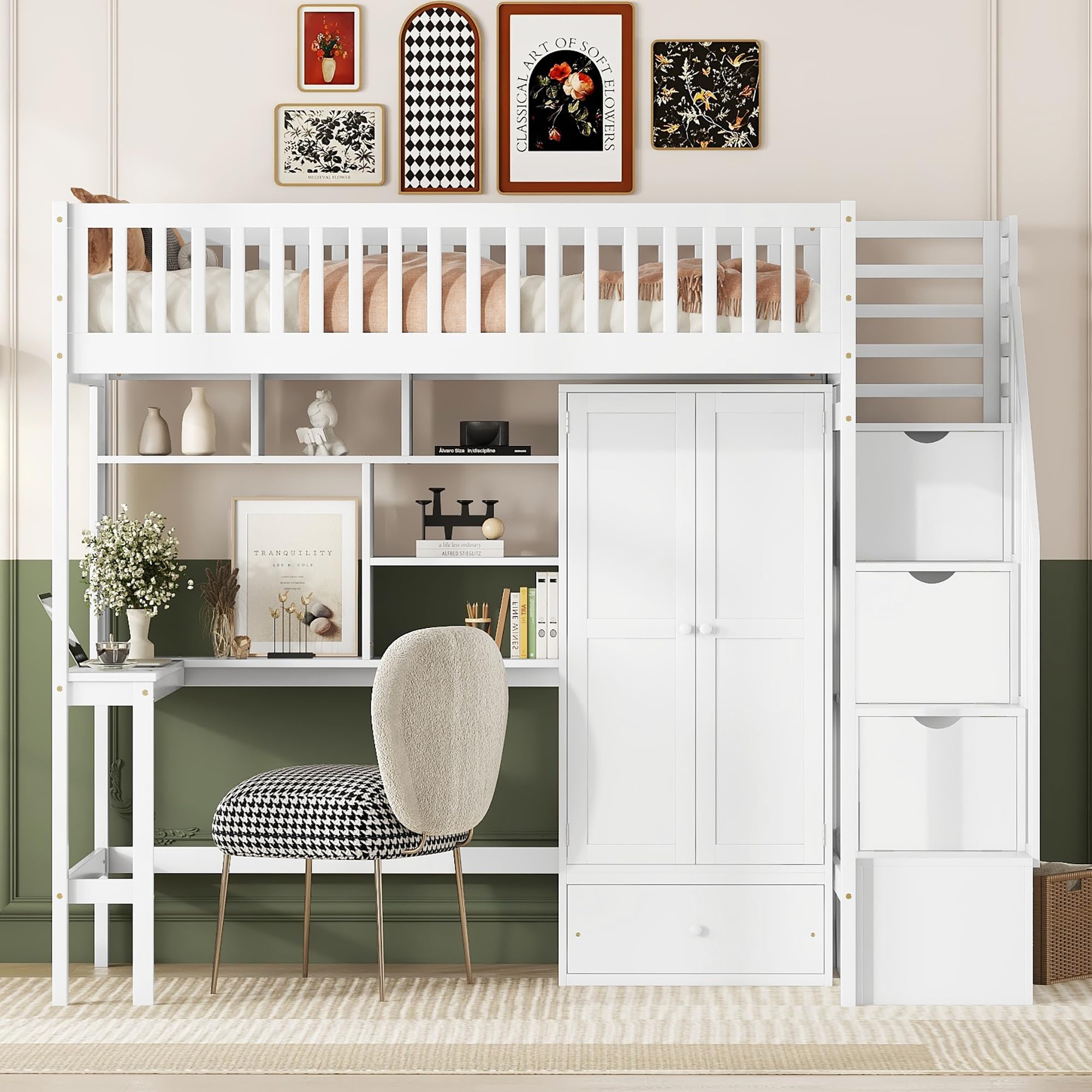 Merax Twin Loft Beds Stairway Loft Bed Frame with Wardrobe, Desk, Bookshelf and Drawers, White